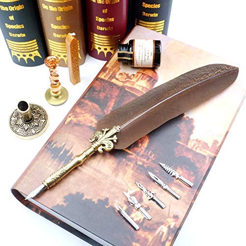 GC QUILL MU-03 Quill Pen Set Unique Half-Patterned Feather Pen Gift Set with 6 Nibs 1 Calligraphy Ink 1 Wax Seal Stamp 1 Pen Holder 1 Sealing Wax, Gift for Writers Kids Students