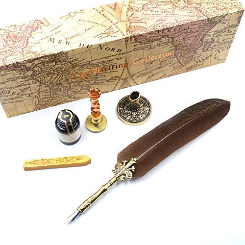 GC QUILL MU-03 Quill Pen Set Unique Half-Patterned Feather Pen Gift Set with 6 Nibs 1 Calligraphy Ink 1 Wax Seal Stamp 1 Pen Holder 1 Sealing Wax, Gift for Writers Kids Students