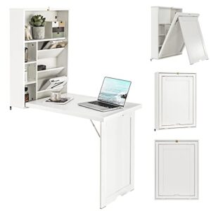 tangkula wall mounted desk, fold out convertible floating , multi-function murphy desk for home office, space saving computer / hanging desk, table with storage area