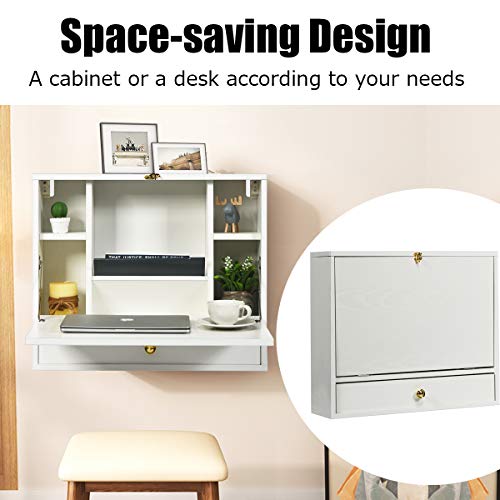 Tangkula Wall Mounted Desk, Folding Wall Table Floating Desk Wall Mount Laptop Desk, Space Saving Wall Mounted Table Wall Desk with Storage Drawer & Shelves (White)