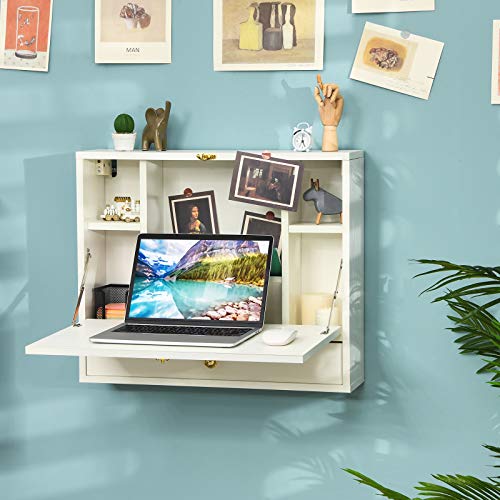 Tangkula Wall Mounted Desk, Folding Wall Table Floating Desk Wall Mount Laptop Desk, Space Saving Wall Mounted Table Wall Desk with Storage Drawer & Shelves (White)