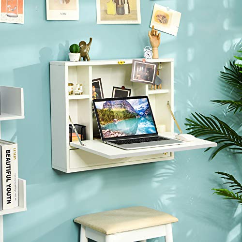 Tangkula Wall Mounted Desk, Folding Wall Table Floating Desk Wall Mount Laptop Desk, Space Saving Wall Mounted Table Wall Desk with Storage Drawer & Shelves (White)