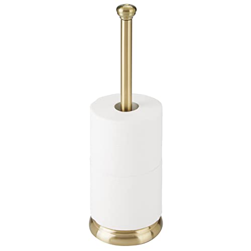 mDesign Metal Free-Standing Toilet Paper Holder with Stainless Steel Tube, Stand with Storage Roller Organizer for Bathroom Cabinet - Holds 3 Rolls Toilet Tissue - Hyde Collection - Soft Brass