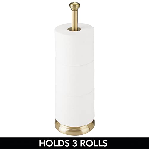 mDesign Metal Free-Standing Toilet Paper Holder with Stainless Steel Tube, Stand with Storage Roller Organizer for Bathroom Cabinet - Holds 3 Rolls Toilet Tissue - Hyde Collection - Soft Brass