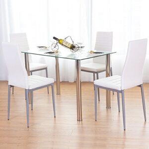 Tangkula Dining Table Set, 5 PCS Modern Tempered Glass Top PVC Leather Chair Dining Table and Chairs Set Dining Room Kitchen Furniture, White