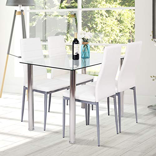 Tangkula Dining Table Set, 5 PCS Modern Tempered Glass Top PVC Leather Chair Dining Table and Chairs Set Dining Room Kitchen Furniture, White