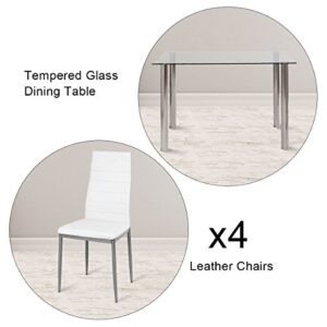 Tangkula Dining Table Set, 5 PCS Modern Tempered Glass Top PVC Leather Chair Dining Table and Chairs Set Dining Room Kitchen Furniture, White