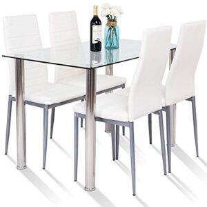 Tangkula Dining Table Set, 5 PCS Modern Tempered Glass Top PVC Leather Chair Dining Table and Chairs Set Dining Room Kitchen Furniture, White