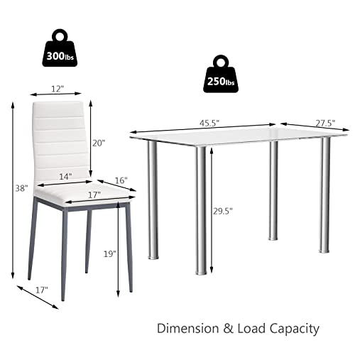 Tangkula Dining Table Set, 5 PCS Modern Tempered Glass Top PVC Leather Chair Dining Table and Chairs Set Dining Room Kitchen Furniture, White