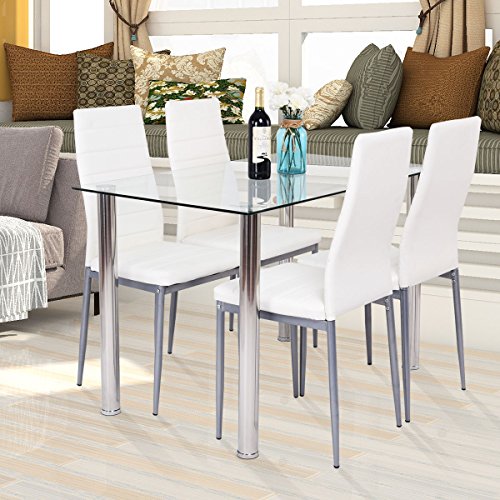 Tangkula Dining Table Set, 5 PCS Modern Tempered Glass Top PVC Leather Chair Dining Table and Chairs Set Dining Room Kitchen Furniture, White