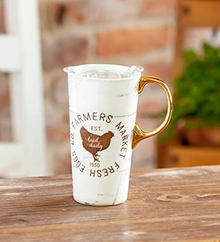 Cypress Home Farmhouse Chic Travel Mug - Farmers Market Ceramic Travel Cup - 5 x 7 x 4 Inches Insulated Coffee Tea Travel Cup