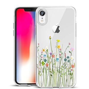 unov case compatible with iphone xr case clear with design slim protective soft tpu bumper embossed pattern 6.1 inch (flower bouquet)