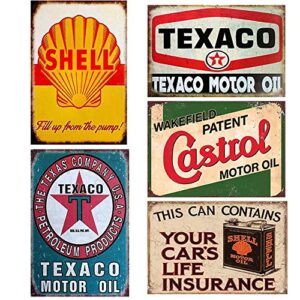 flowerbeads 5pcs gas motor oil antique tin signs, vintage garage man cave retro posters bar pub wall decor - 20x30cm