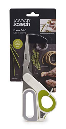 Joseph Joseph 10302 PowerGrip Kitchen Shears Scissors with Thumb Grip and Herb Stripper Separates for Cleaning Japanese Stainless-Steel, White/Green