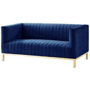 posh living hayden velvet tuxedo loveseat with y-metal base in navy blue/gold