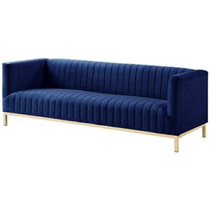 posh living hayden velvet tuxedo sofa with y-metal base in navy blue/gold