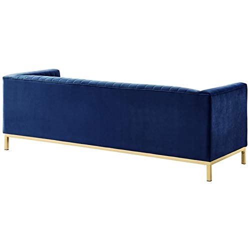 Posh Living Hayden Velvet Tuxedo Sofa with Y-Metal Base in Navy Blue/Gold