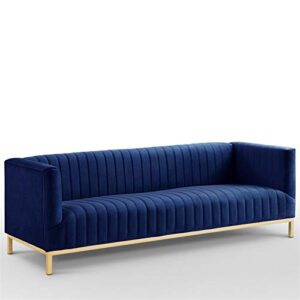 Posh Living Hayden Velvet Tuxedo Sofa with Y-Metal Base in Navy Blue/Gold