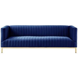 Posh Living Hayden Velvet Tuxedo Sofa with Y-Metal Base in Navy Blue/Gold