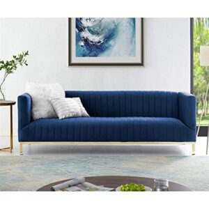 Posh Living Hayden Velvet Tuxedo Sofa with Y-Metal Base in Navy Blue/Gold