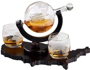 whiskey decanter gift set - world etched globe decanter airtight stopper antique ship liquor dispenser perfect bar gift bourbon scotch vodka liquor usa map tray 850 ml - christmas holiday gifts