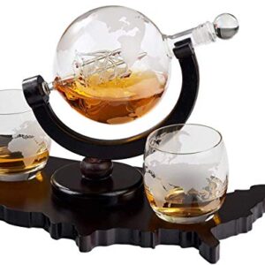 Whiskey Decanter Gift Set - World Etched Globe Decanter Airtight Stopper Antique Ship Liquor Dispenser Perfect Bar Gift Bourbon Scotch Vodka Liquor USA Map Tray 850 ml - Christmas holiday gifts