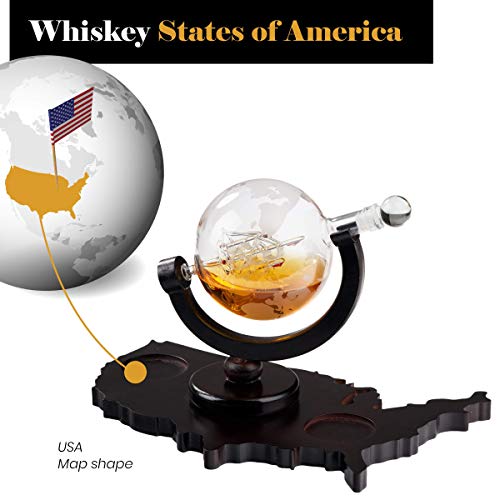 Whiskey Decanter Gift Set - World Etched Globe Decanter Airtight Stopper Antique Ship Liquor Dispenser Perfect Bar Gift Bourbon Scotch Vodka Liquor USA Map Tray 850 ml - Christmas holiday gifts