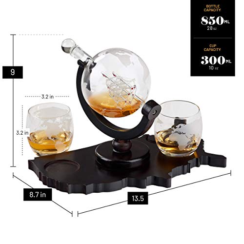 Whiskey Decanter Gift Set - World Etched Globe Decanter Airtight Stopper Antique Ship Liquor Dispenser Perfect Bar Gift Bourbon Scotch Vodka Liquor USA Map Tray 850 ml - Christmas holiday gifts