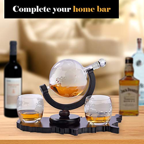 Whiskey Decanter Gift Set - World Etched Globe Decanter Airtight Stopper Antique Ship Liquor Dispenser Perfect Bar Gift Bourbon Scotch Vodka Liquor USA Map Tray 850 ml - Christmas holiday gifts