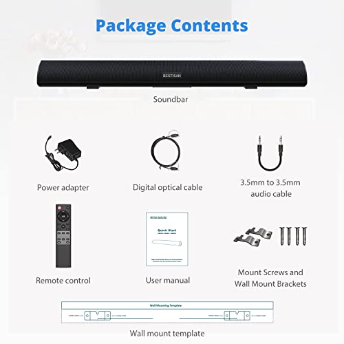 BESTISAN 80 Watt Soundbar, Sound Bars for TV of Home Theater System (Bluetooth 5.0, HDMI, 34 inch, DSP Audio, Strong Bass, Wireless Wired Connections, Bass Adjustable, Wall Mountable)