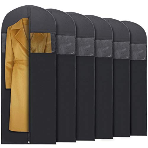 Plixio 60” Black Garment Bags for Hanging Clothes, Men Suit Bag for Travel and Clothing Closet Storage of Women Dress, Shirts, Coats, Suit Cover - Includes Zipper and Transparent Window (Black - 6 pack: 60")