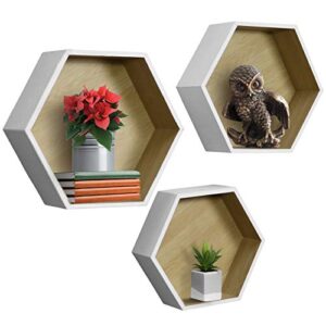 sorbus® floating shelf hexagon set — honeycomb wall mounted shelves, decorative hanging display for collectibles, photos frames, plants, and more (set of 3 – white)