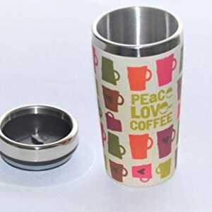 Travel Bamboo Fiber Peace Love Coffee Mug Stainless Steel 14oz Tea Hot Cold Cup