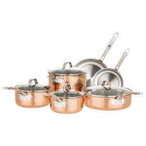 viking culinary 3-ply stainless steel hammered copper clad cookware set, 10 piece, oven safe, works on electronic, ceramic, and gas cooktops