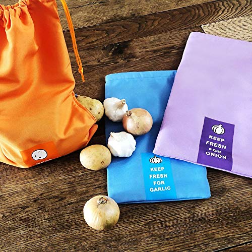 3 Vegetable Storage Bags - Onion/Potato/Garlic | Reusable produce or preserving onion bag, potato bag and garlic bag | Breathable lining to keep vegetables fresher for longer | From Jean Patrique