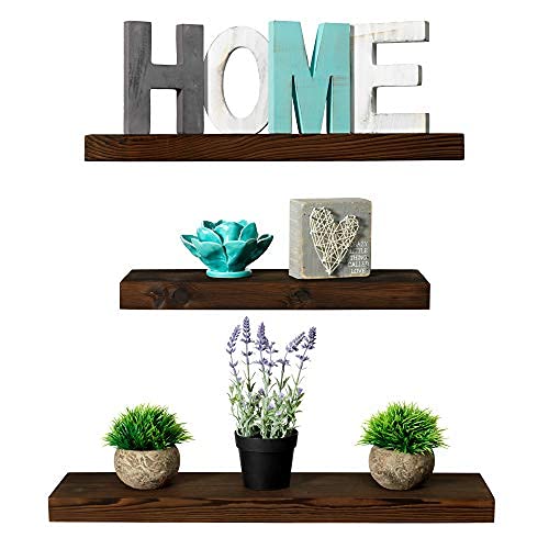 Mark One Home Goods Rustic Farmhouse 3 Tier Floating Wood Shelf - Floating Wall Shelves (Set of 3), Hardware and Fasteners Included (Dark Walnut, 3 Tier)