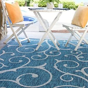 Unique Loom Outdoor Botanical Collection Area Rug - Curl (7' 1" x 10' Rectangle, Teal/ Ivory)