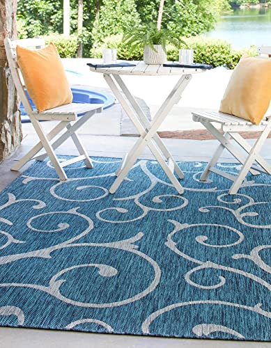 Unique Loom Outdoor Botanical Collection Area Rug - Curl (7' 1" x 10' Rectangle, Teal/ Ivory)