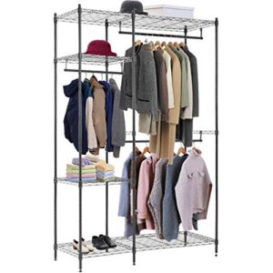 hanging closet organizer and storage heavy duty clothes rack sturdy 3 rod garment rack large with wire shelving height adjustable commercial grade metal clothes stand rack for bedroom cloakroom,black