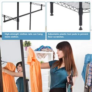 Hanging Closet Organizer and Storage Heavy Duty Clothes Rack Sturdy 3 Rod Garment Rack Large with Wire Shelving Height Adjustable Commercial Grade Metal Clothes Stand Rack for Bedroom Cloakroom,Black