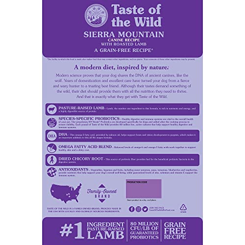 Taste of the Wild Sierra Mountain Grain-Free Canine Recipe with Roasted Lamb Dry Dog Food for All Life Stages, Made with High Protein from Real Lamb and Guaranteed Nutrients And Probiotics 28lb