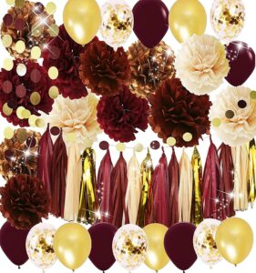 burgundy gold birthday party decorations for women fall/burgundy gold balloons/big size tissue pom pom/wedding/fall bridal shower decorations retirement/graduation decorations maroon gold class of 2023/fsu asu graduation