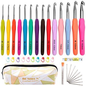 bcmrun crochet hooks set,14 pcs 2mm(b)-10mm(n) ergonomic soft grip handles yarn knitting needles kit with case for arthritic hands, extra long  knit needles, best gift for women