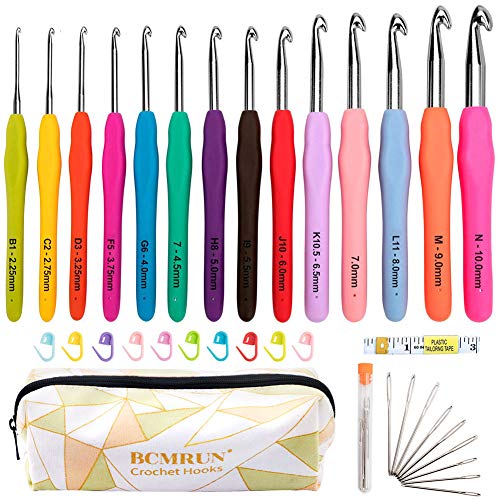 BCMRUN Crochet Hooks Set,14 PCS 2mm(B)-10mm(N) Ergonomic Soft Grip Handles Yarn Knitting Needles Kit with Case for Arthritic Hands, Extra Long  Knit Needles, Best Gift for Women