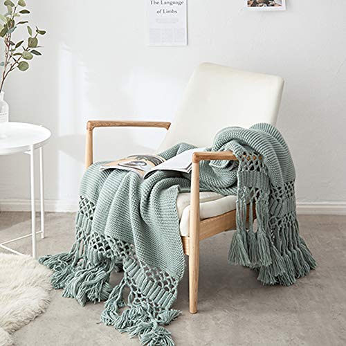 MH MYLUNE HOME Green Knitted Throw Blanket with Tassels (47x71 inch) Farmhouse Boho Blanket Handmade for Bed Sofa Couch