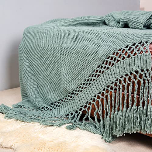 MH MYLUNE HOME Green Knitted Throw Blanket with Tassels (47x71 inch) Farmhouse Boho Blanket Handmade for Bed Sofa Couch