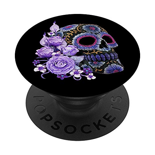 Purple Floral Black Sugar Skull Day Of The Dead PopSockets PopGrip: Swappable Grip for Phones & Tablets