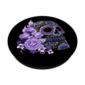 Purple Floral Black Sugar Skull Day Of The Dead PopSockets PopGrip: Swappable Grip for Phones & Tablets