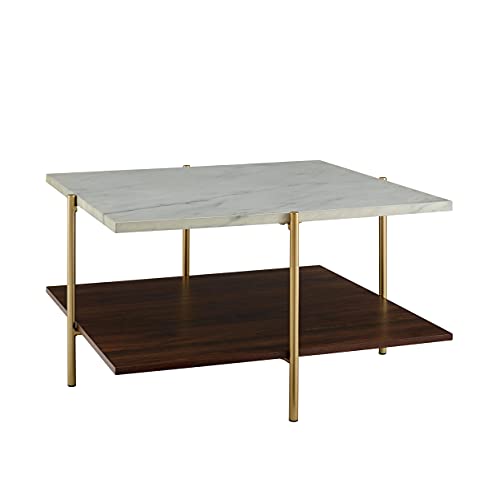 Walker Edison Hollin Mid Century Modern Square Marble Top Coffee Table, 32 Inch, Marble and Gold