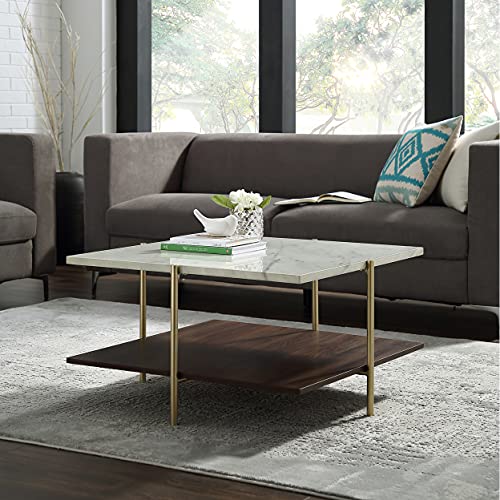 Walker Edison Hollin Mid Century Modern Square Marble Top Coffee Table, 32 Inch, Marble and Gold